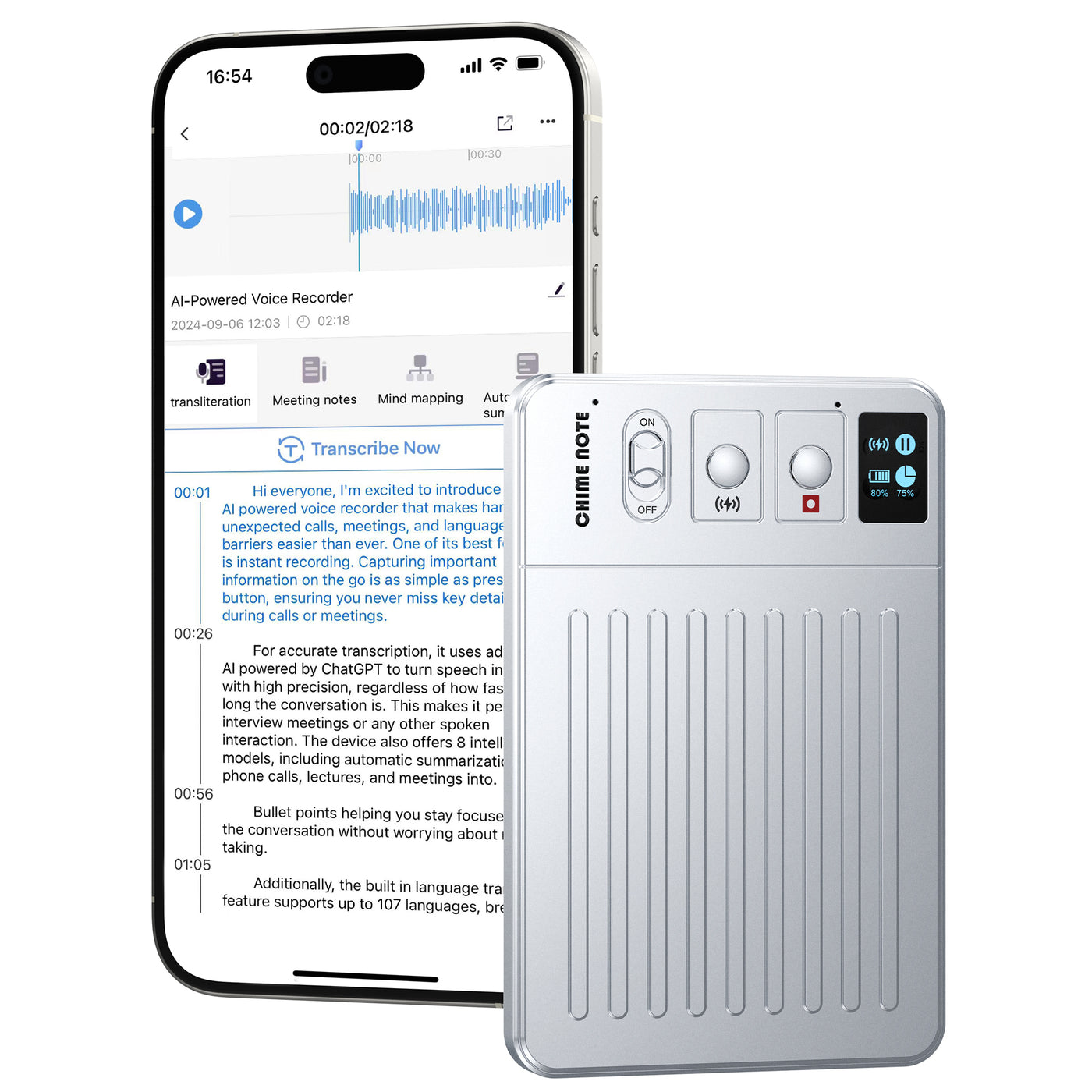 CHIME NOTE Pro AI Voice Recorder with ChatGPT-Powered Summaries