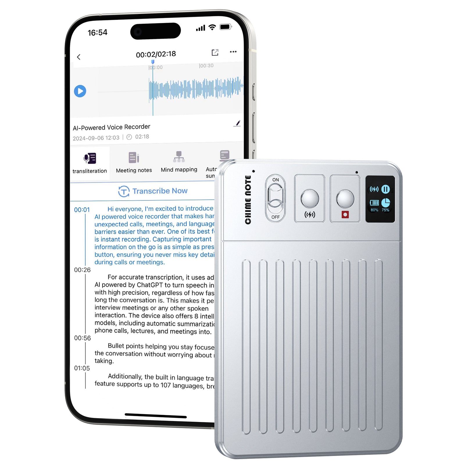 CHIME NOTE Pro AI Voice Recorder with ChatGPT-Powered Summaries